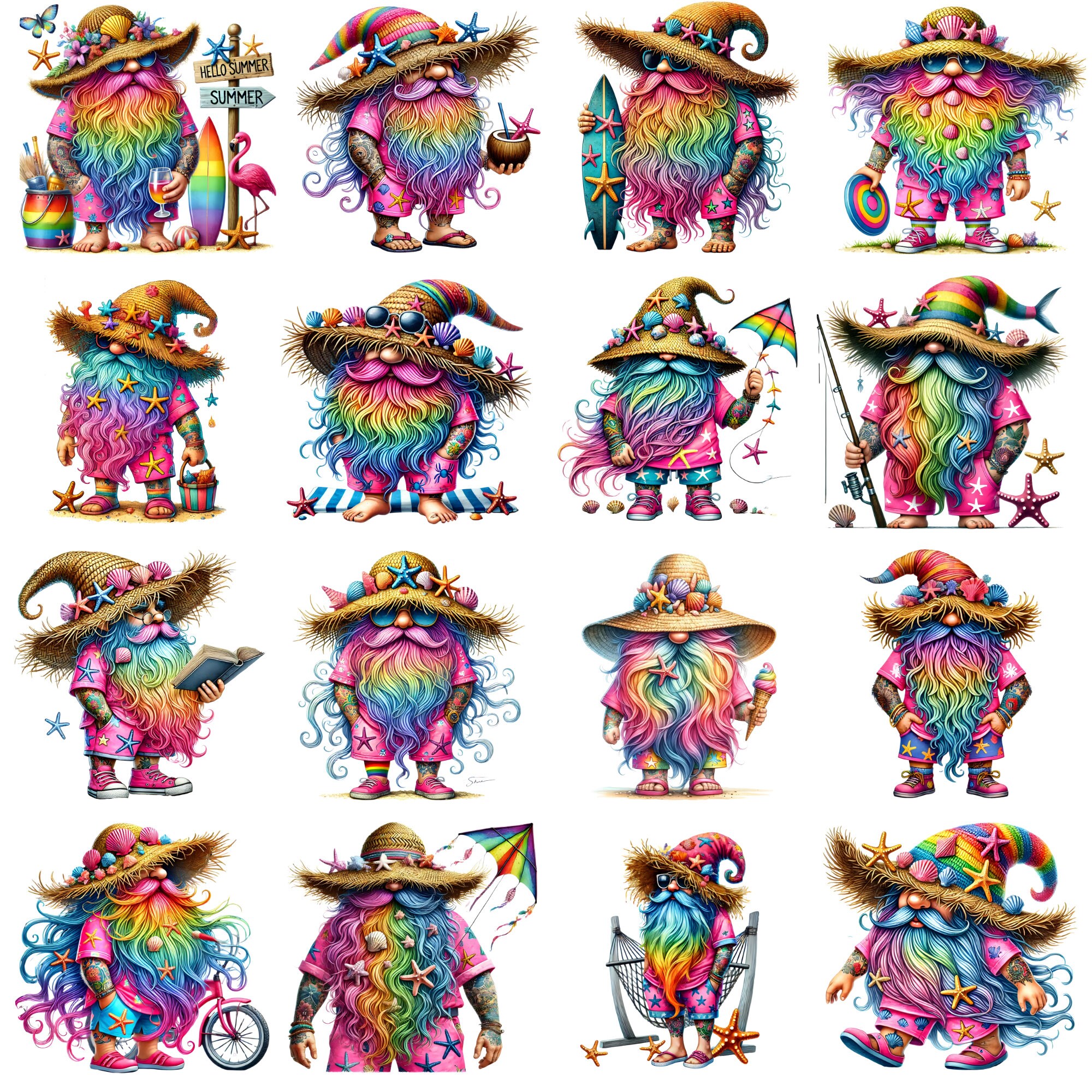 Summer Gnome Watercolor Clipart Bundle 24 Pngs Watercolor Summer Beach ...