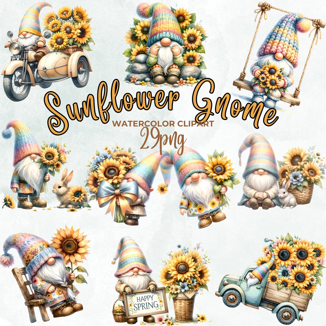 Sunflower Gnome Clipart, Bundle Png, Garden Clipart, Spring Gnome Png ...