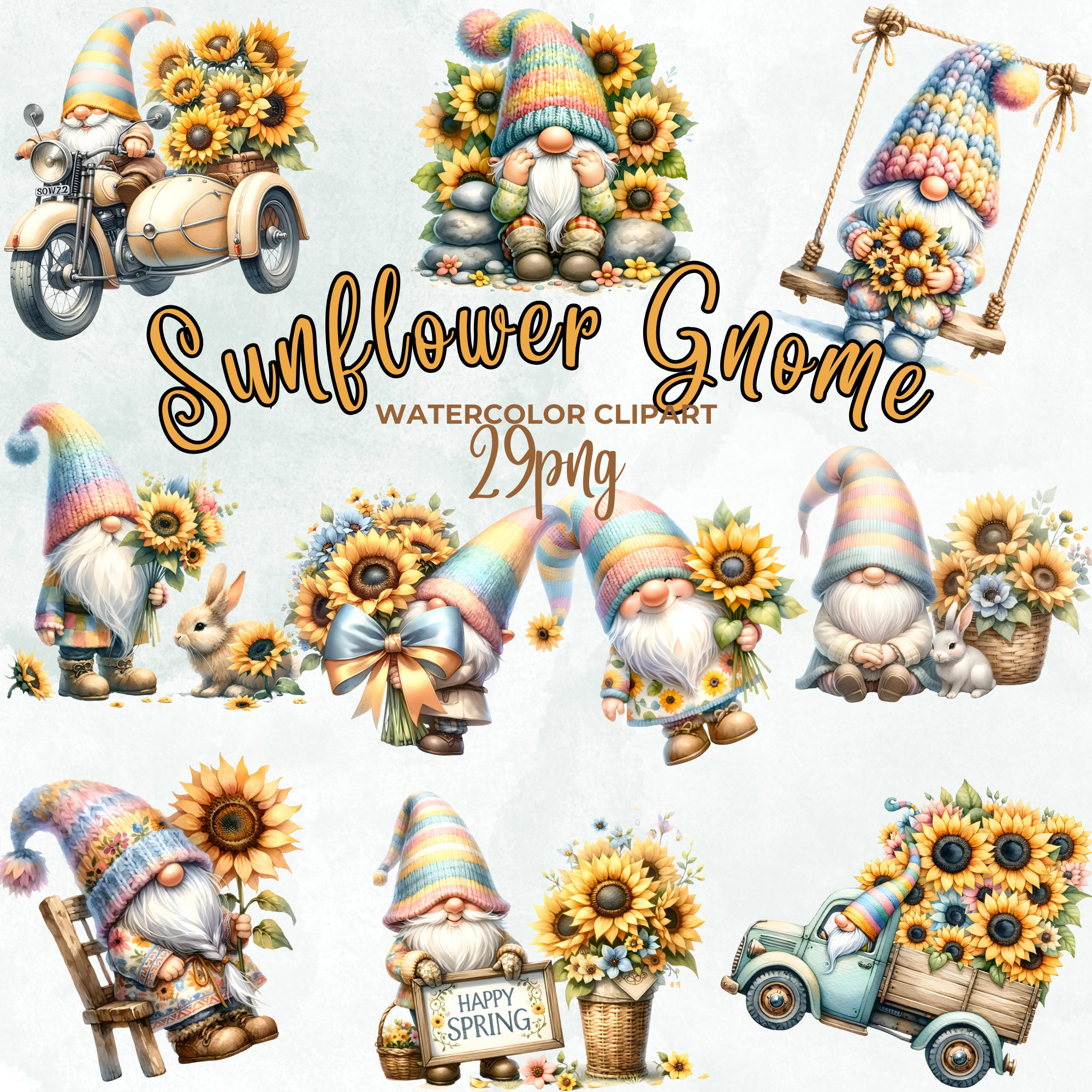 Sunflower Gnome Clipart, Bundle Png, Garden Clipart, Spring Gnome Png ...