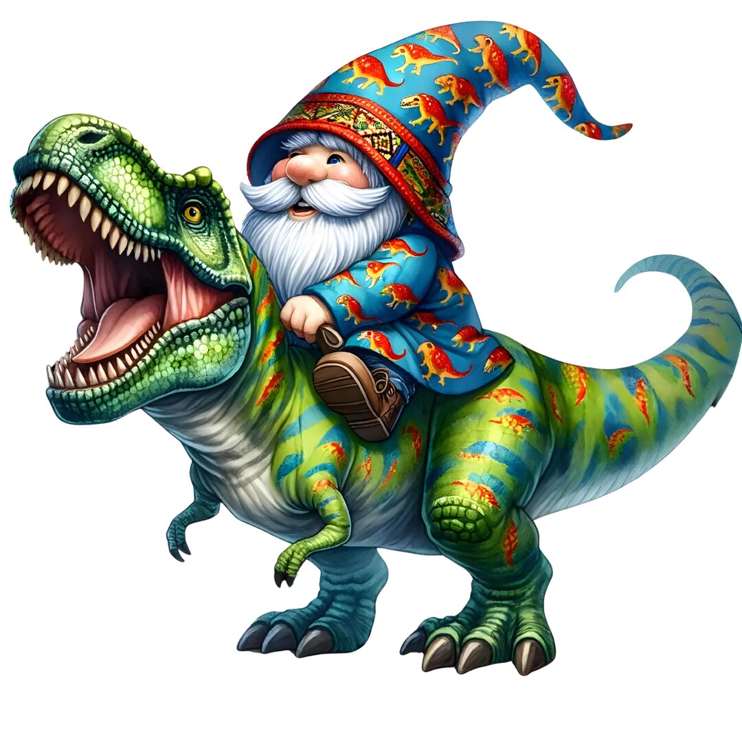 Watercolor Gnome Riding T-rex,gnome Riding T-rex Clipart, Gnome Riding ...