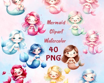Mermaid Clipart Bundle Watercolor Cute Mermaid Clipart Png Sea Life ...
