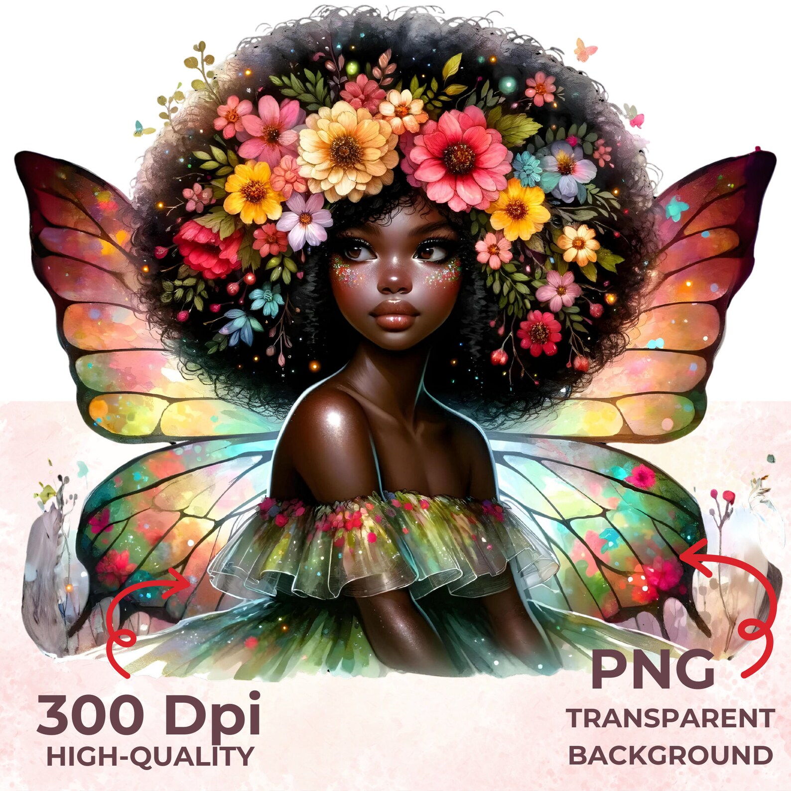 Mystical Black Fairy Watercolor Digital Art, Black Fairy Girl Clipart ...