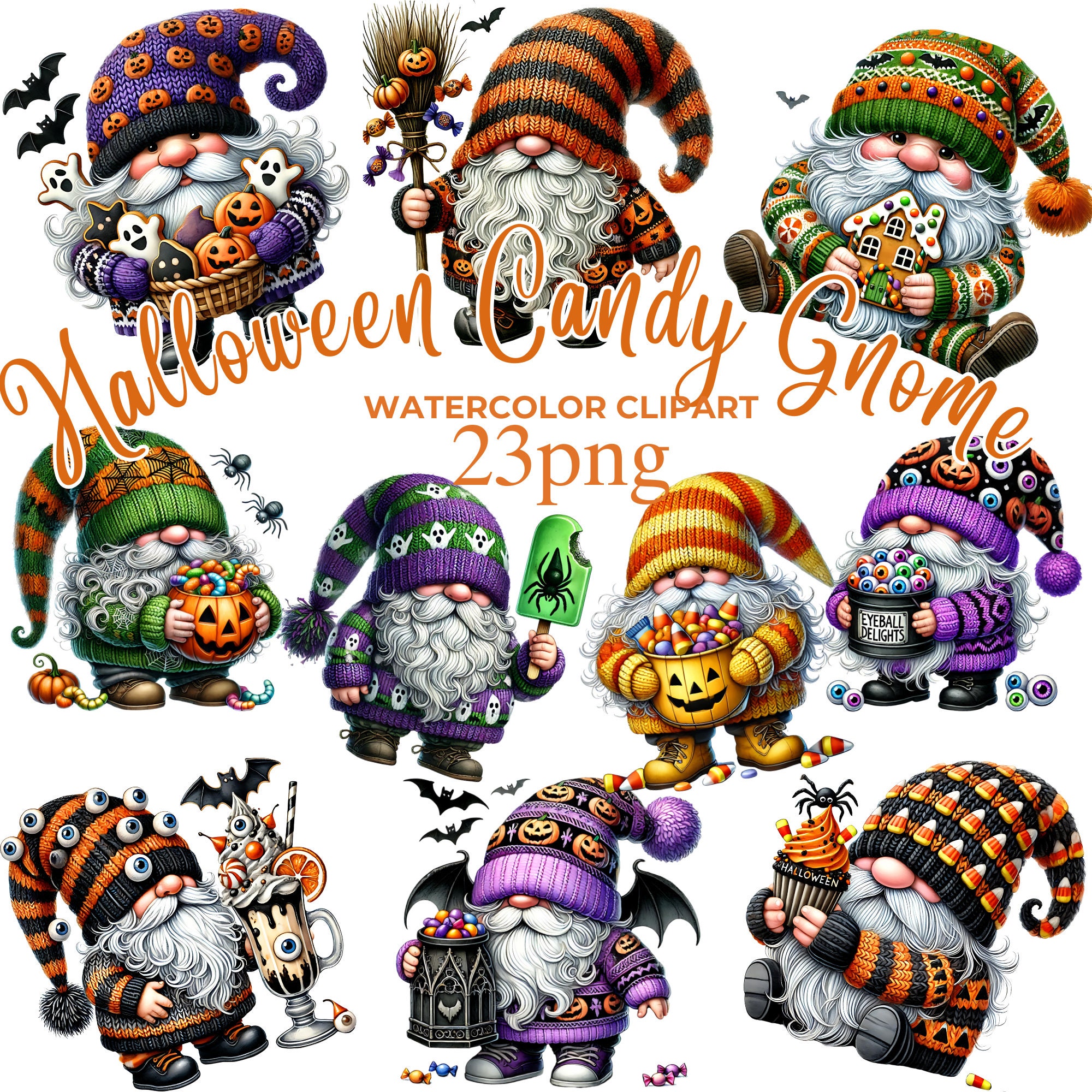 Halloween Candy Gnome Clipart 23 PNG Watercolor Illustrations High ...