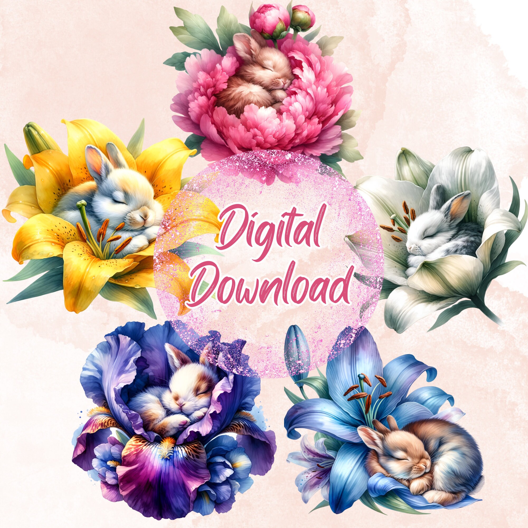 Bunny and Flowers Clipart Bundle, Adorable Bunny in Blossom Clipart ...