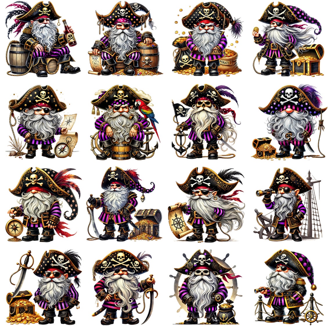 Pirate Captain Gnome Watercolor Clipart – 24 PNG Files (digital ...