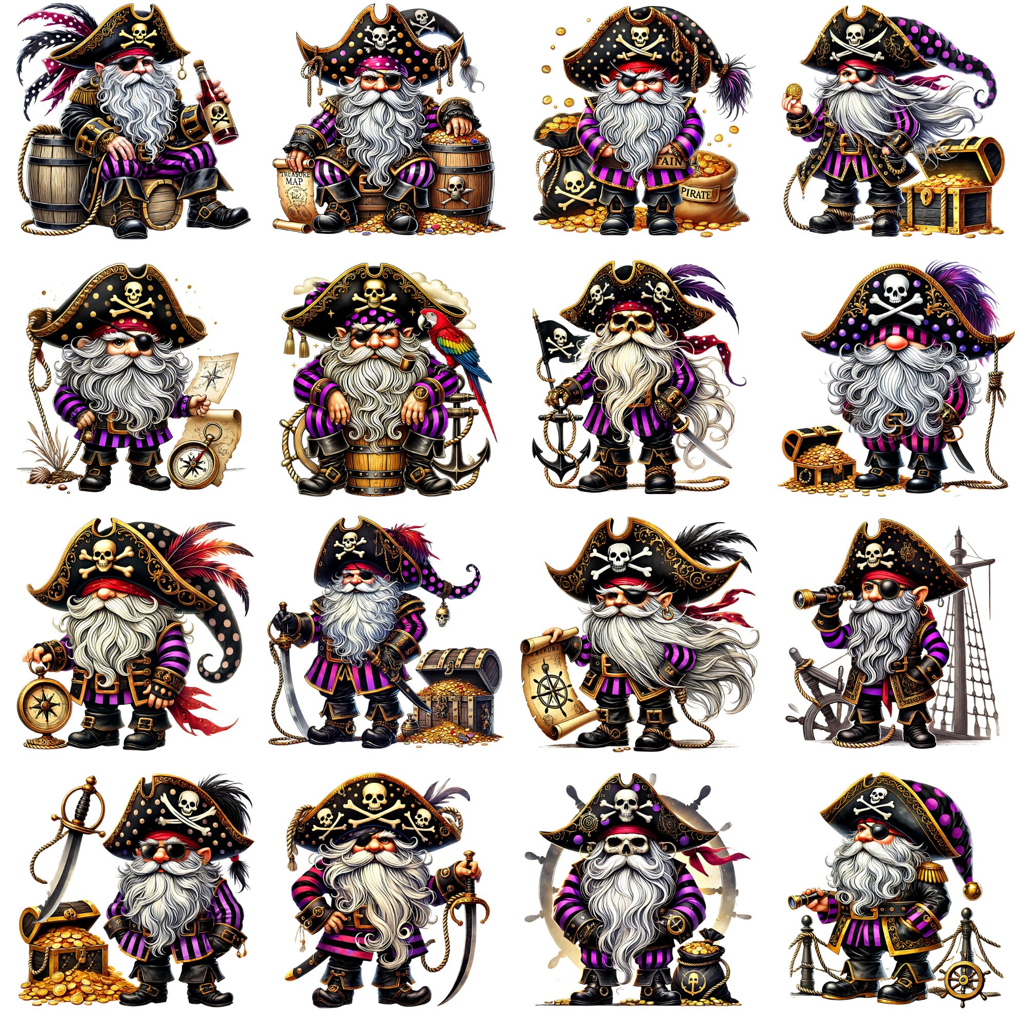 Pirate Captain Gnome Watercolor Clipart – 24 PNG Files (digital ...