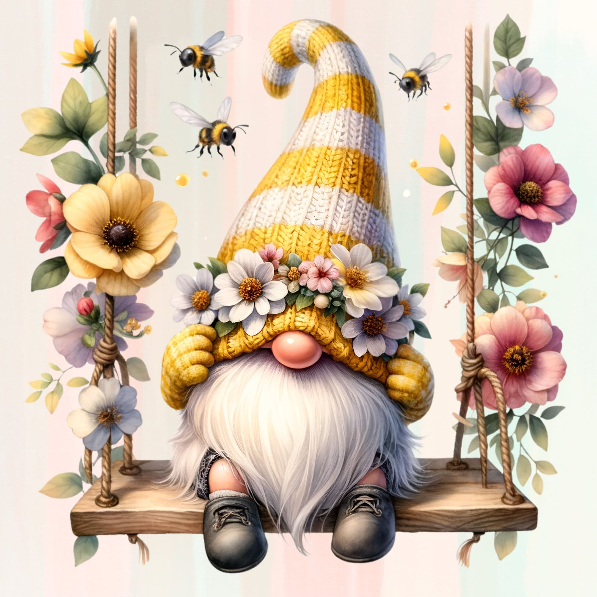 Gnome With Flowers, Clipart for Gardeners, Watercolor Flower Bee Gnome ...