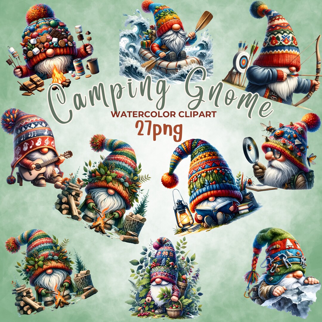 Camping Gnome Watercolor Clipart – 27 PNG Adventure Gnomes (digital ...