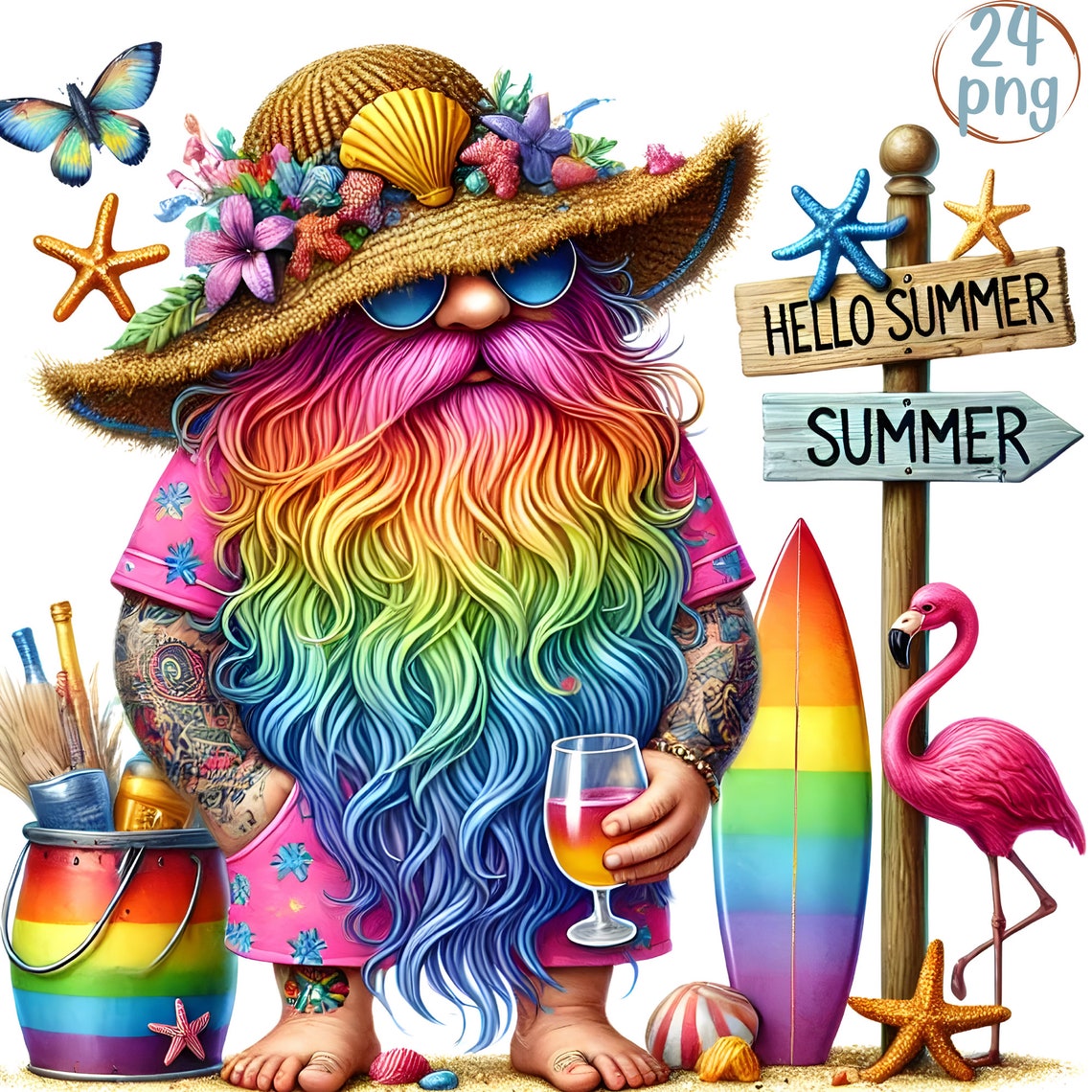 Summer Gnome Watercolor Clipart Bundle 24 Pngs Watercolor Summer Beach ...