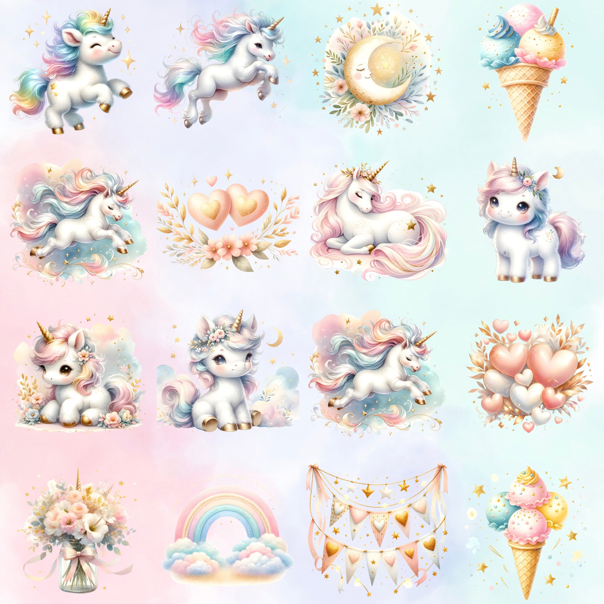 Magical Baby Unicorn Clipart Set, Transparent Background, Digital ...