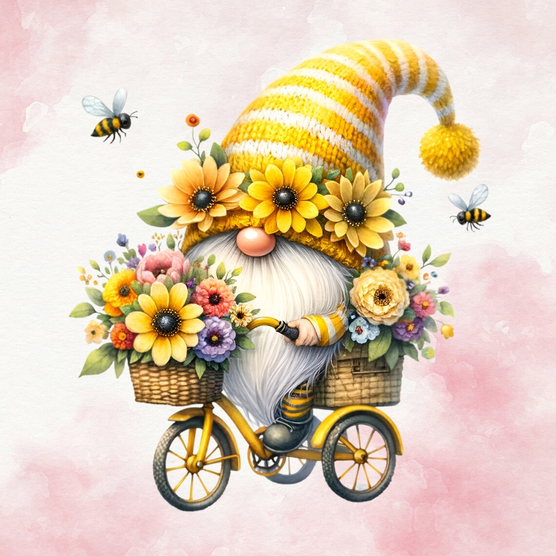 Gnome With Flowers, Clipart for Gardeners, Watercolor Flower Bee Gnome ...