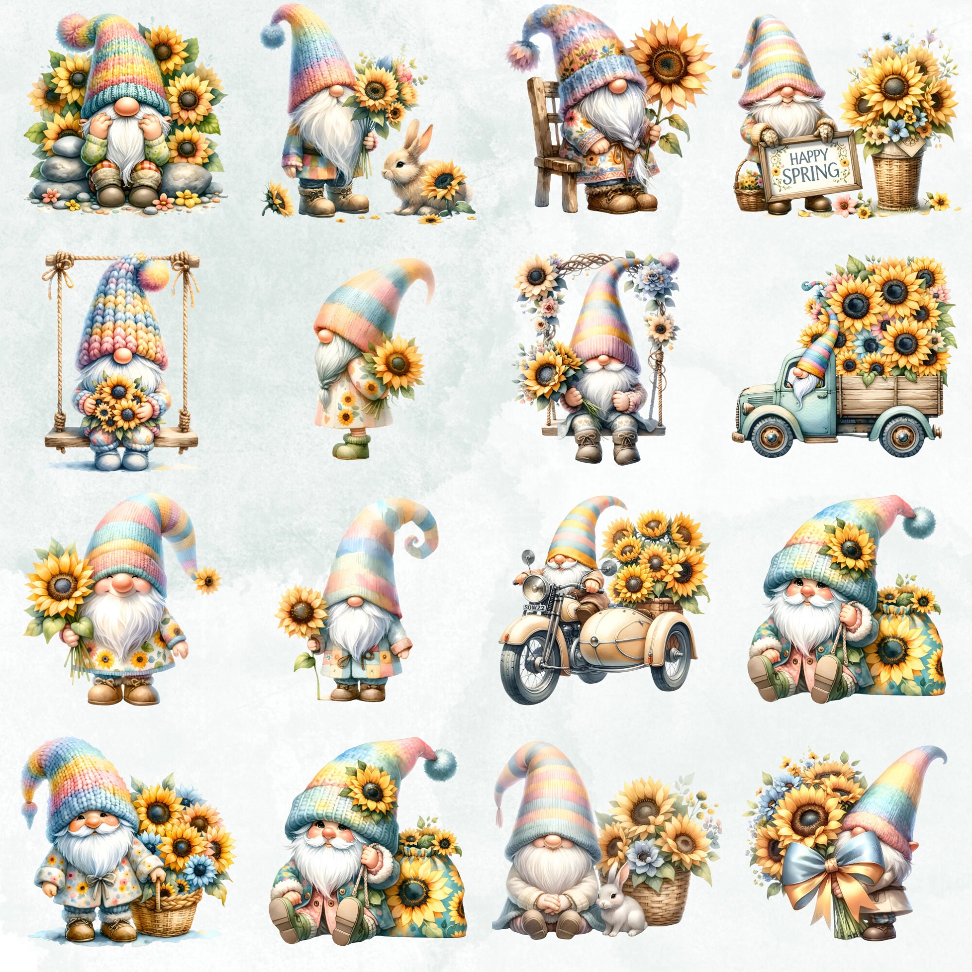 Sunflower Gnome Clipart, Bundle Png, Garden Clipart, Spring Gnome Png ...
