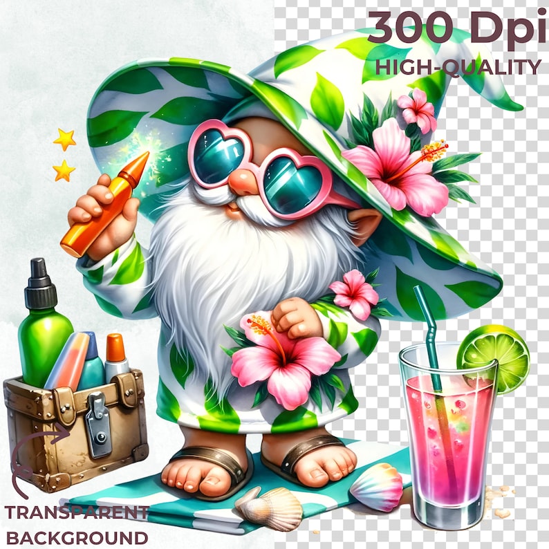 Watercolor Summer Beach Gnome Clipart Bundle 28 Png, Seashell Starfish ...