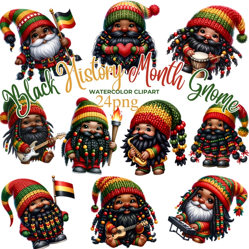Black History Month Gnome Watercolor Clipart 24 Pngs Digital Download ...