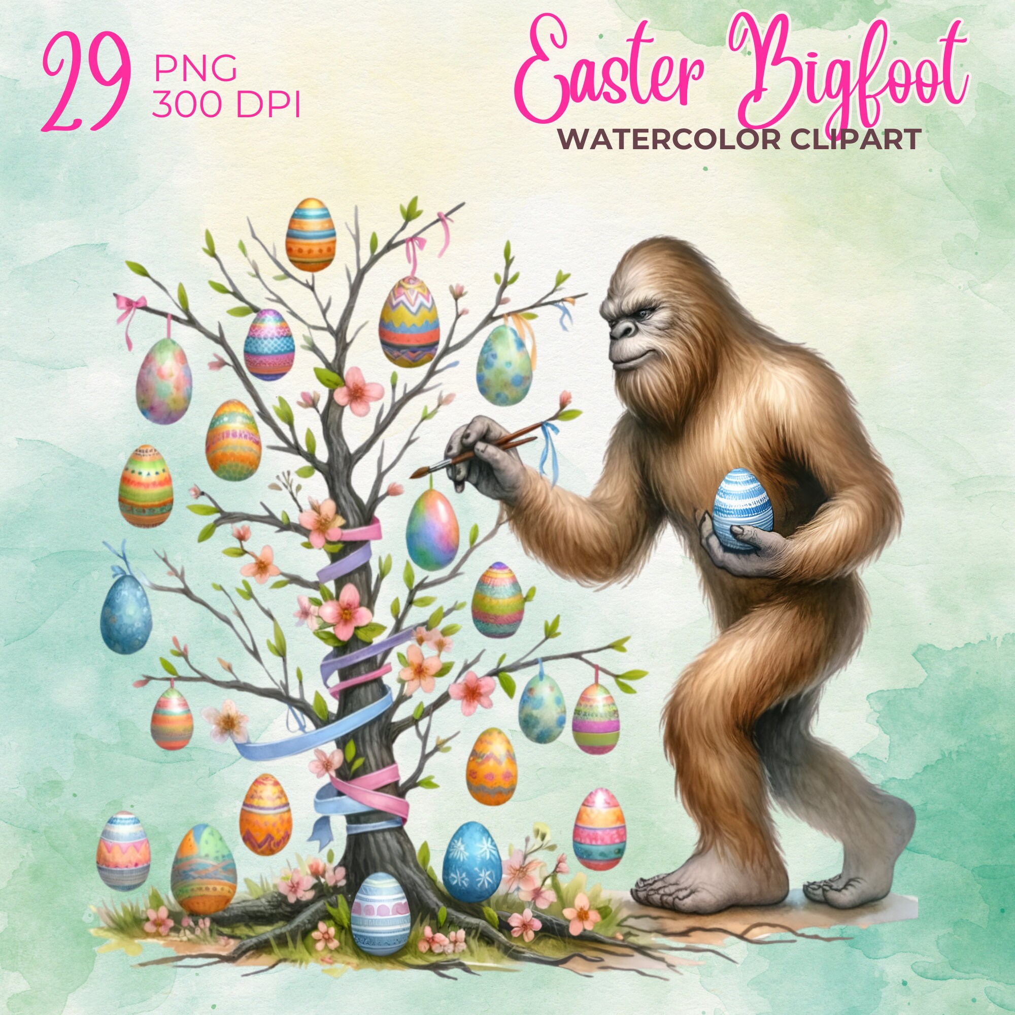 Easter Bigfoot & Bunny Watercolor Art – Whimsical Spring Print (digital ...