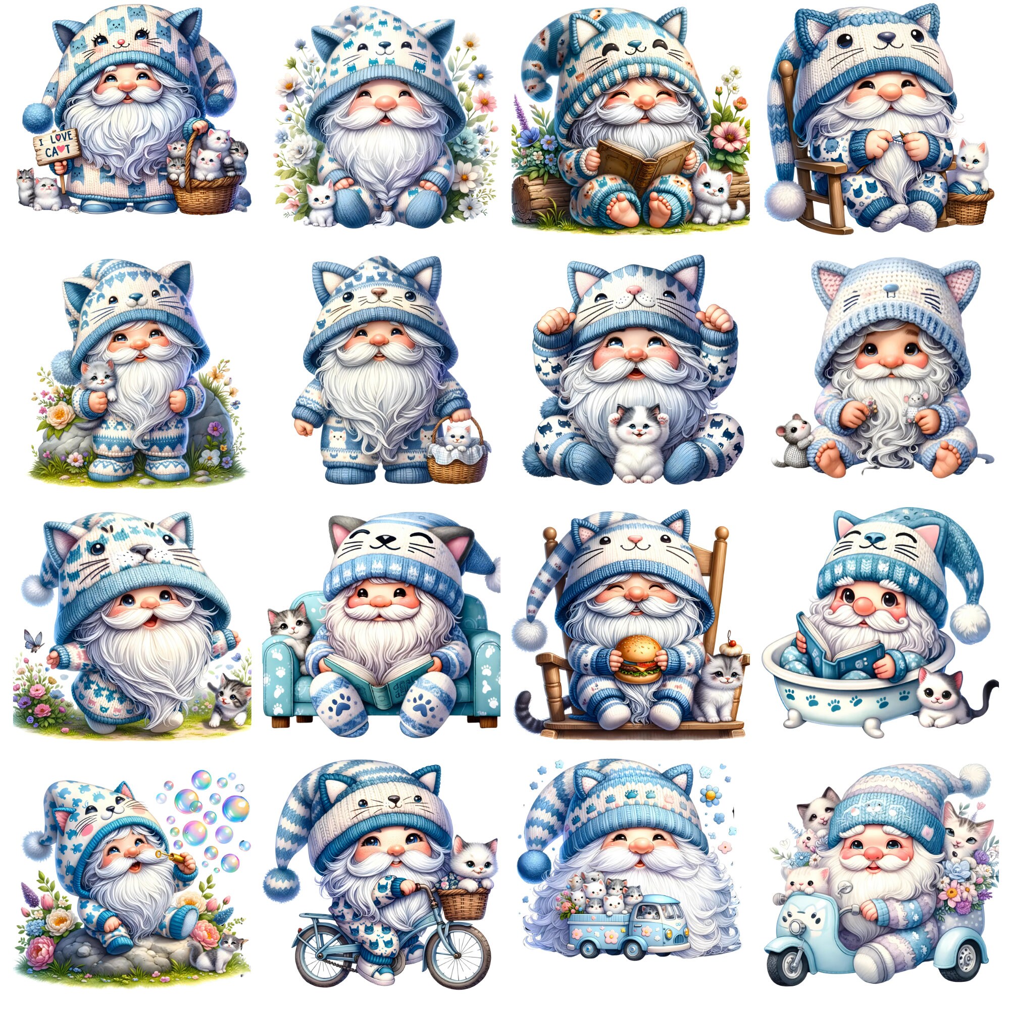 Cat Lover Gnome Watercolor Clipart 24 Pngs Digital Download, Cat Lover ...