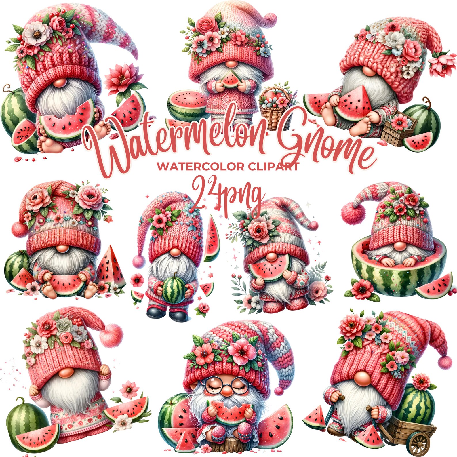 Watermelon Gnome Clipart Set, Summer Gnome Watercolor PNG, Digital ...