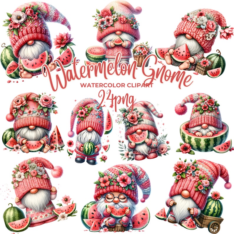 Watermelon Gnome Clipart Set, Summer Gnome Watercolor PNG, Digital ...