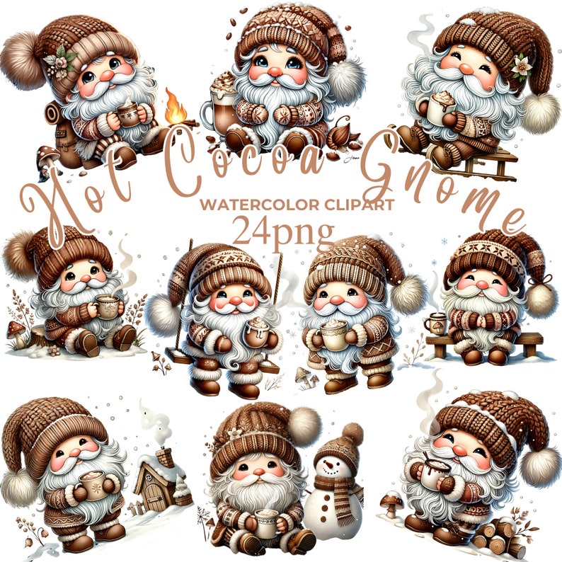 Watercolor Hot Cocoa Gnome Clipart Bundle Png, Cute Gnomes Clipart ...