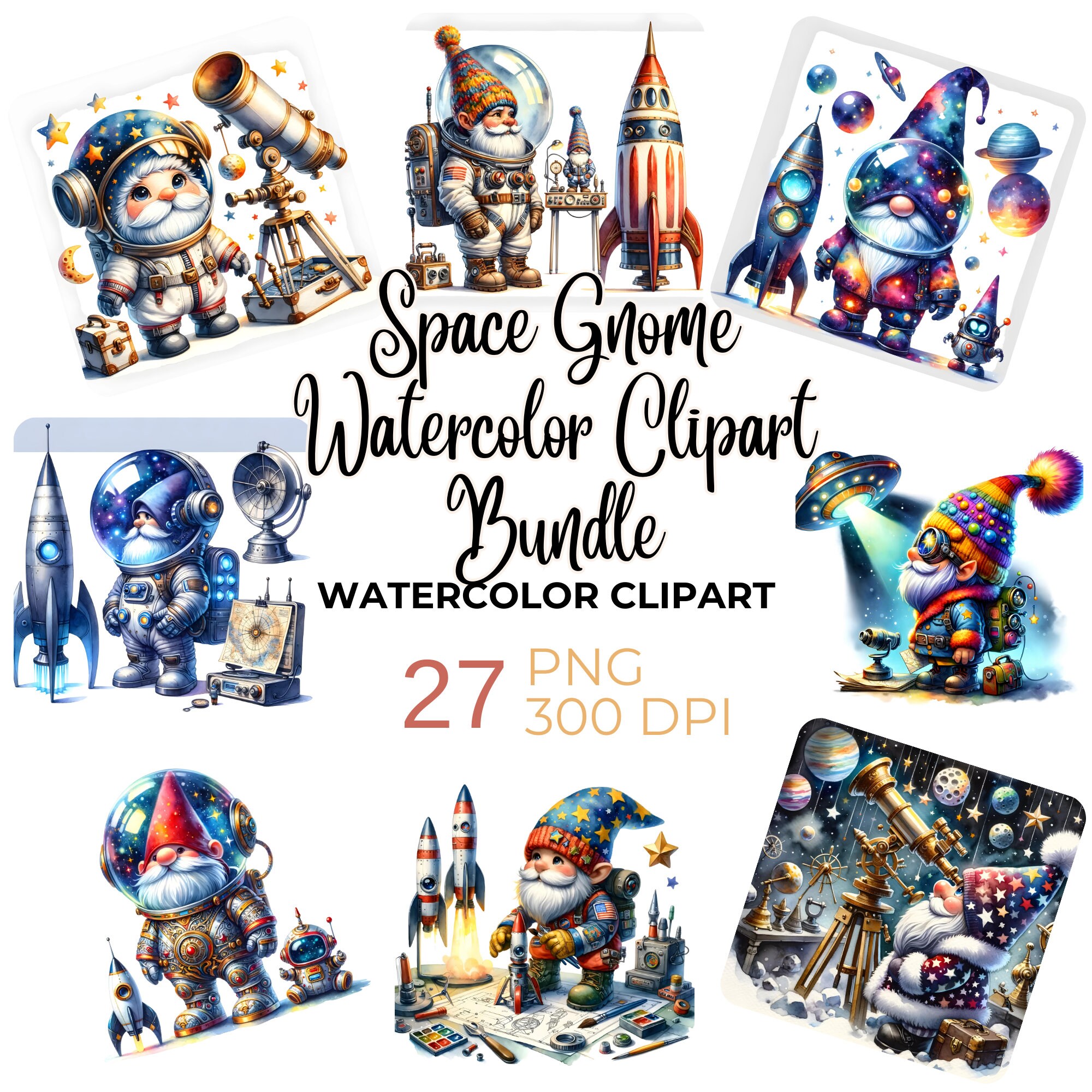 Space Gnome Watercolor Clipart Bundle, Space Gnomes PNG, Rocket Gnome ...