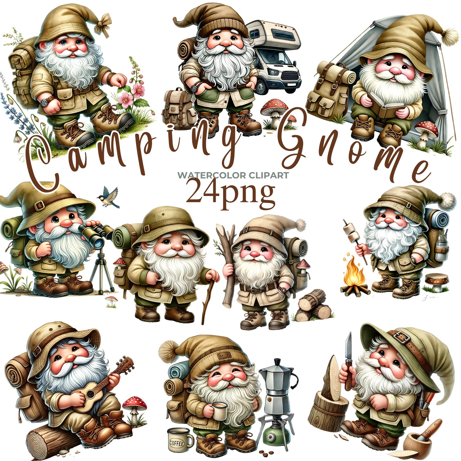 Camping Gnome Watercolor Clipart Bundle (PNG) - Etsy
