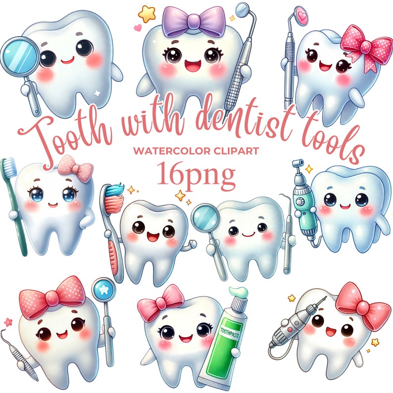 Cute Tooth With Dentist Tools Watercolor Clipart 16 Pngs, Watercolor ...