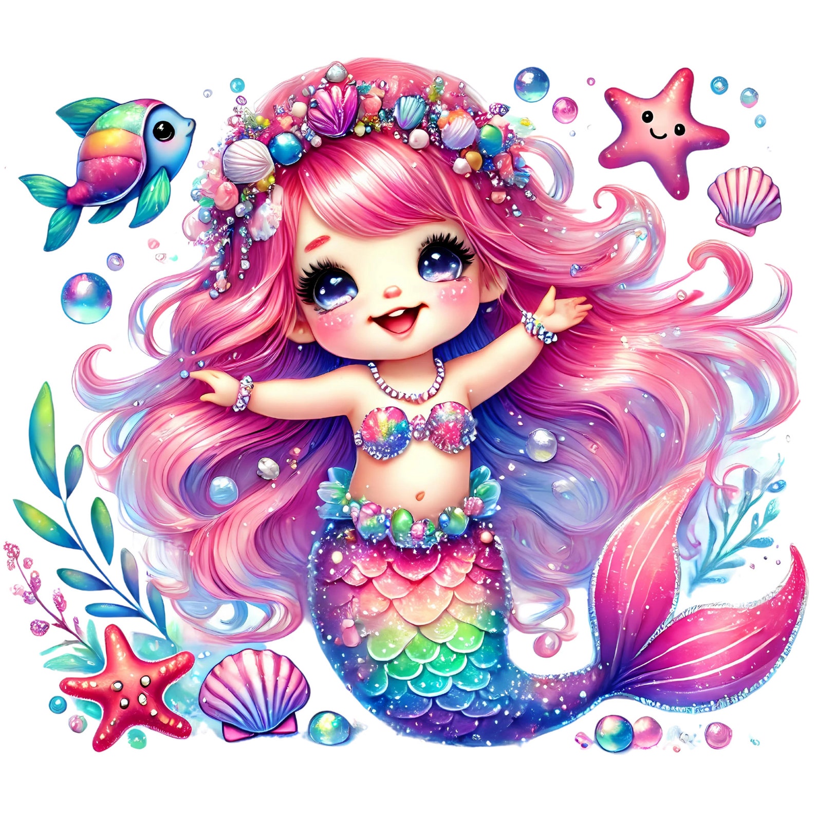 Cute Mermaid Clipart, Whimsical Little Mermaid Clipart, Gnomes Mermaid ...