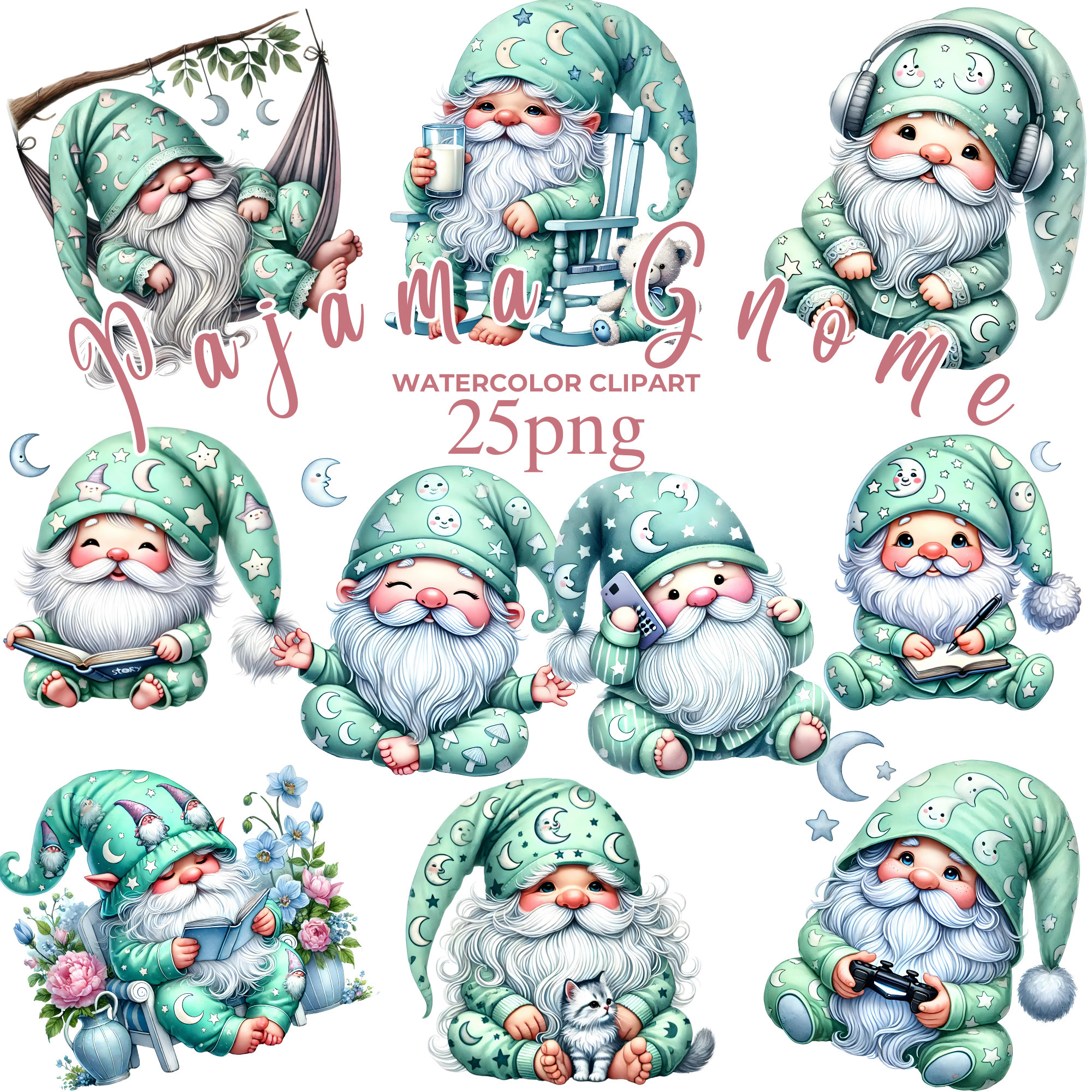 Watercolor Green Pajamas Gnome Clipart Bundle 25 PNG, Ideal for Nursery ...