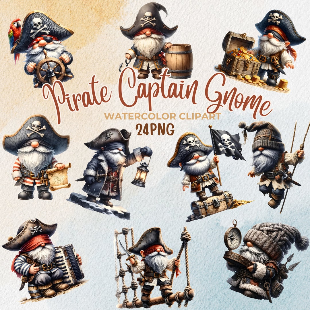 Adventurous Pirate Captain Gnome Clipart - 24 High-res Watercolor Pngs ...