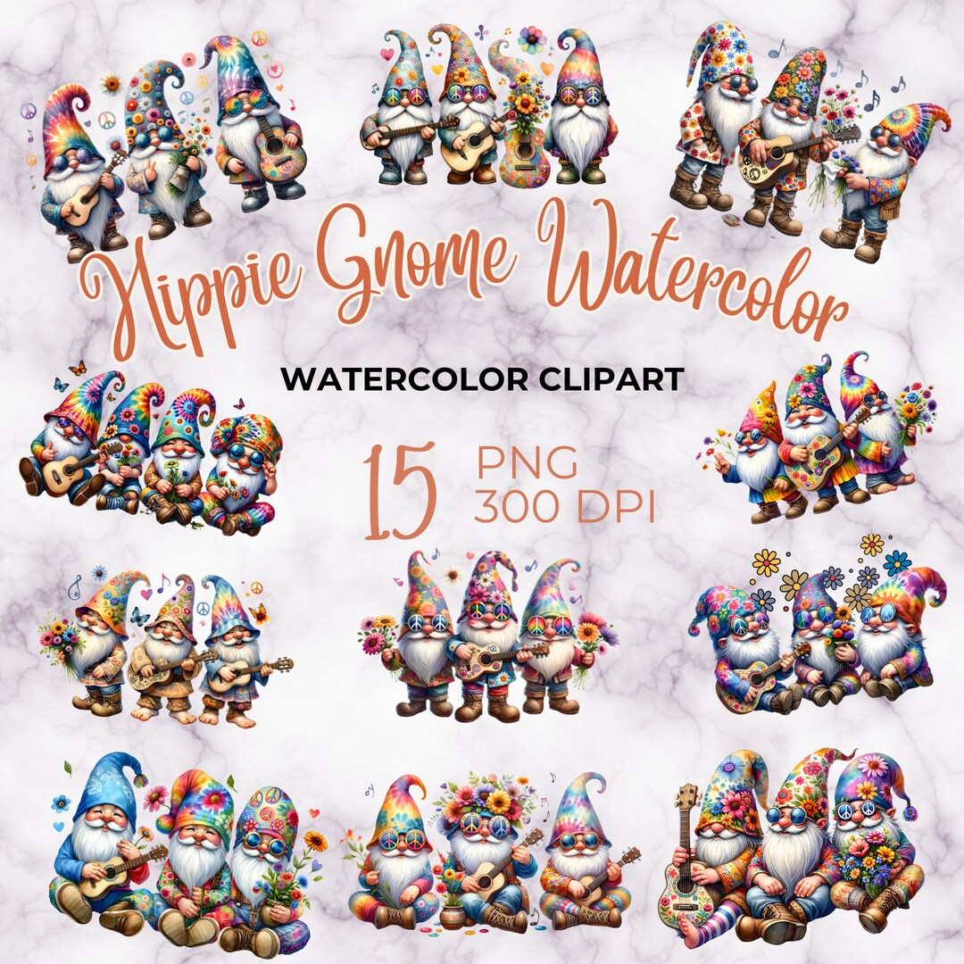 Hippie Gnome Watercolor Clipart Set Hippie Gnome Watercolor PNG, Gnome ...