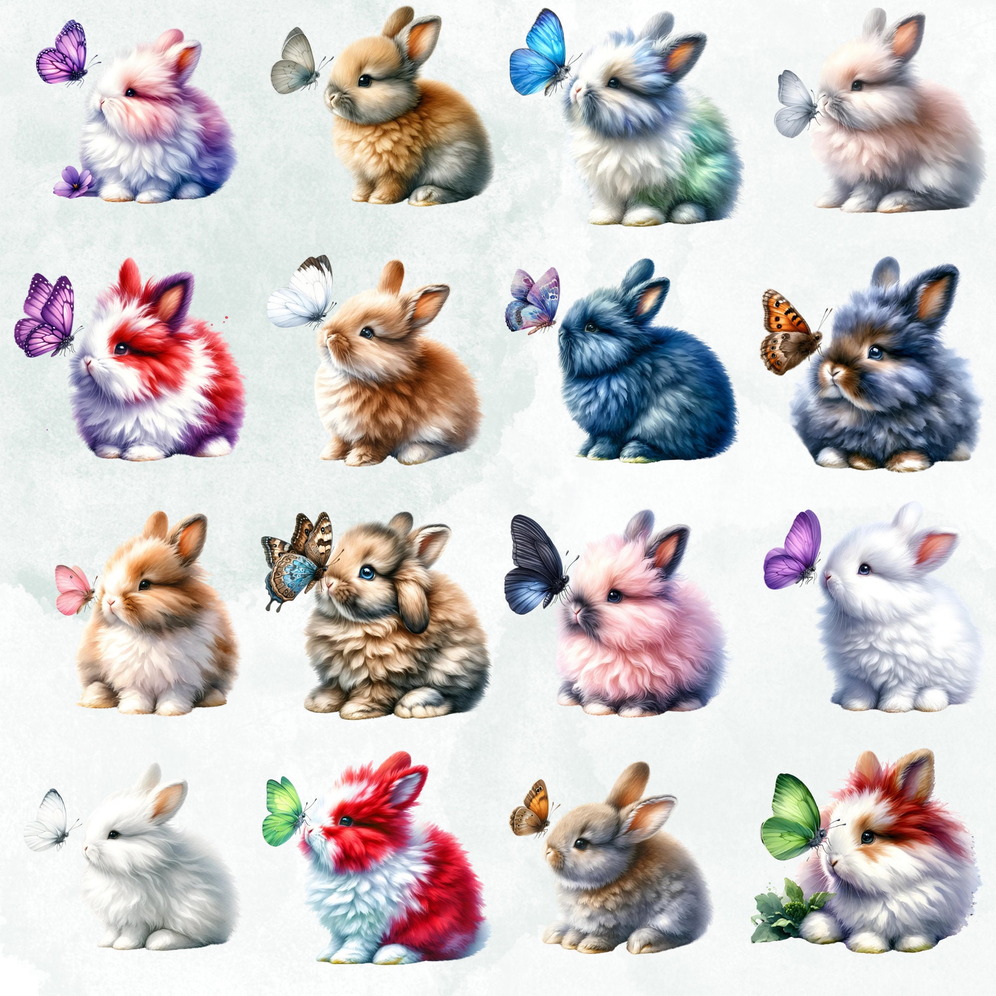 Bunny and Butterfly Clipart Bundle, 24 PNG Spring Designs, Watercolor ...