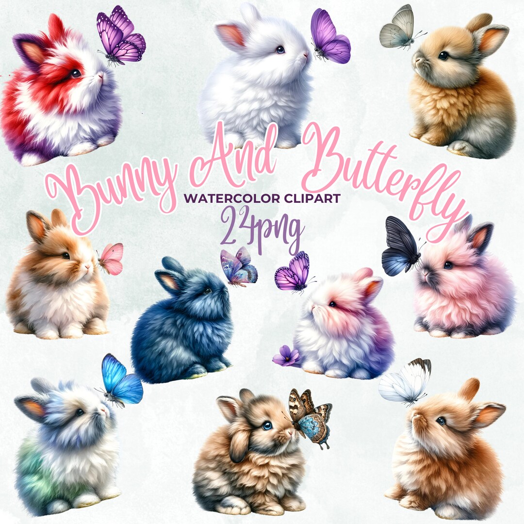 Bunny and Butterfly Clipart Bundle, 24 PNG Spring Designs, Watercolor ...