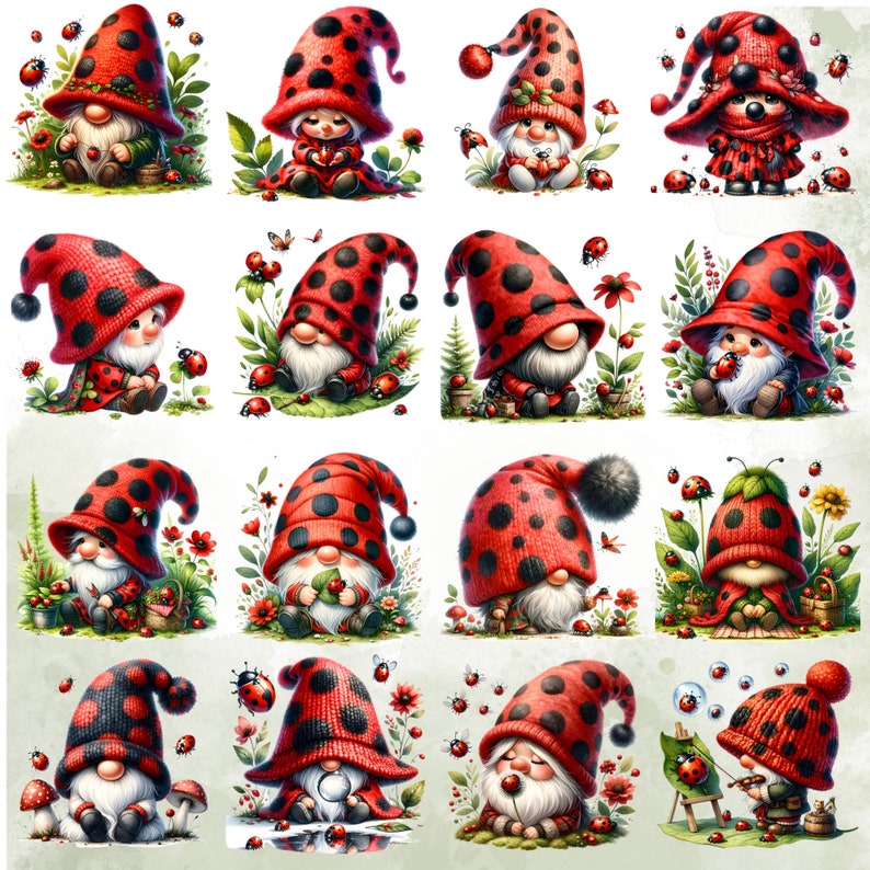 Enchanted Ladybug Gnome Clipart Set 30 Watercolor Pngs, Cute Gnome PNG ...