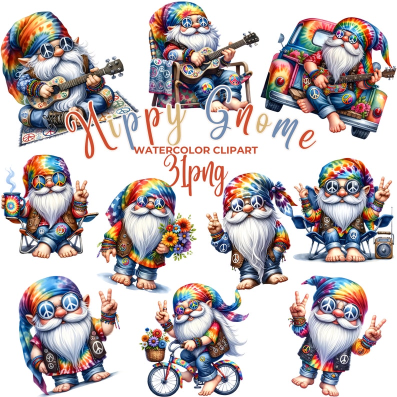 Watercolor Hippie Gnome Clipart Bundle, 31png, Hippy Gnome Clipart ...