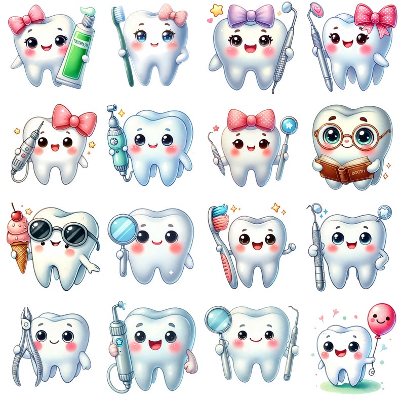Cute Tooth With Dentist Tools Watercolor Clipart 16 Pngs, Watercolor ...