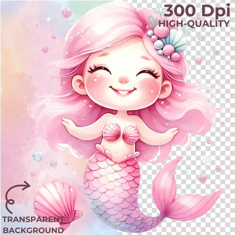 Mermaid Clipart Bundle Watercolor Cute Mermaid Clipart Png Sea Life, Instant Download Images ...