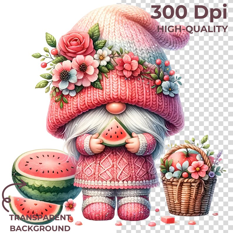 Watermelon Gnome Clipart Set, Summer Gnome Watercolor PNG, Digital ...