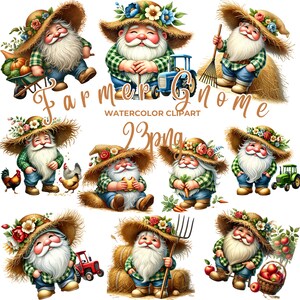Farmer Gnome Clipart | 23 Rustic Pngs |watercolor Farmer Gnome | Farm ...