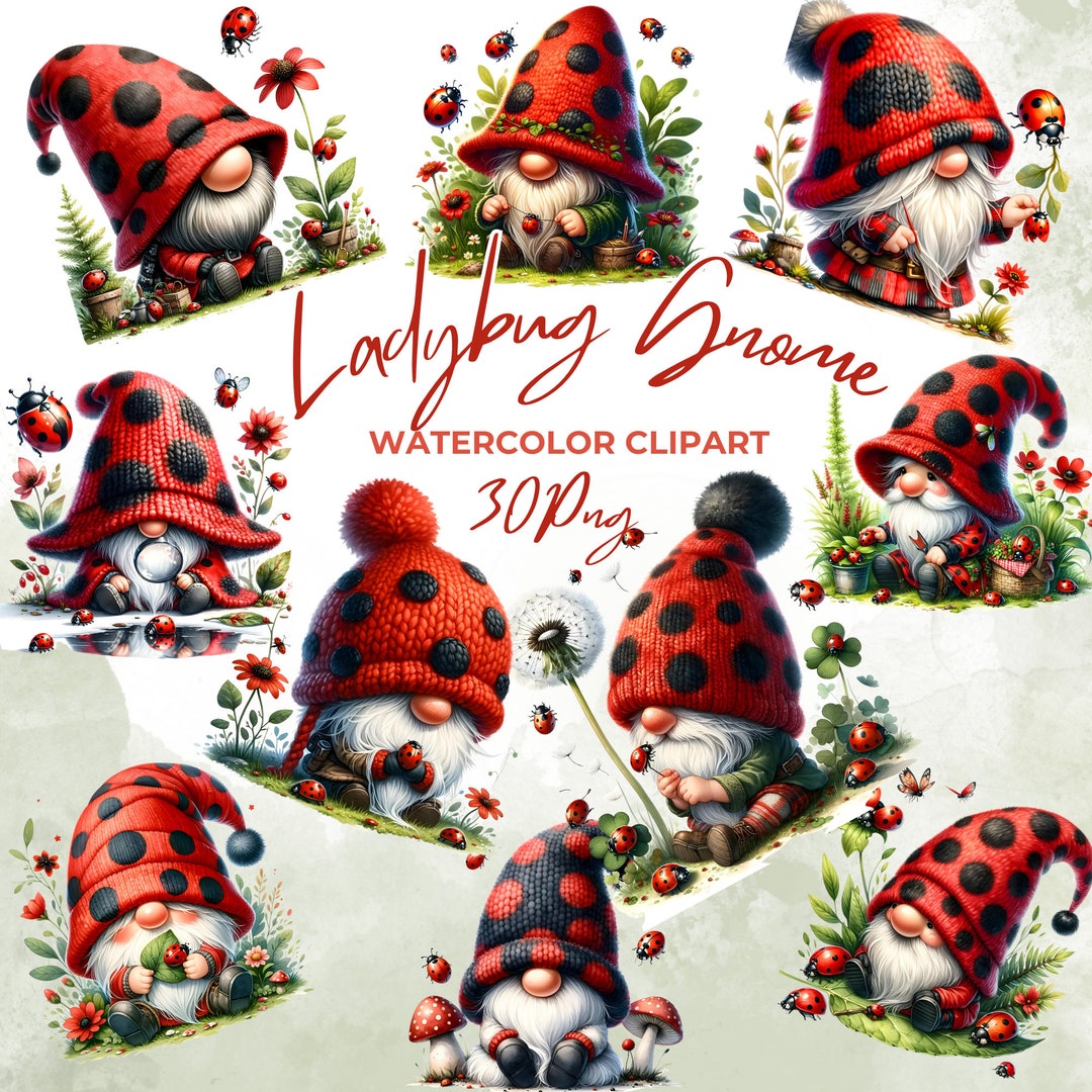 Enchanted Ladybug Gnome Clipart Set - 30 Watercolor Pngs, Cute Gnome ...