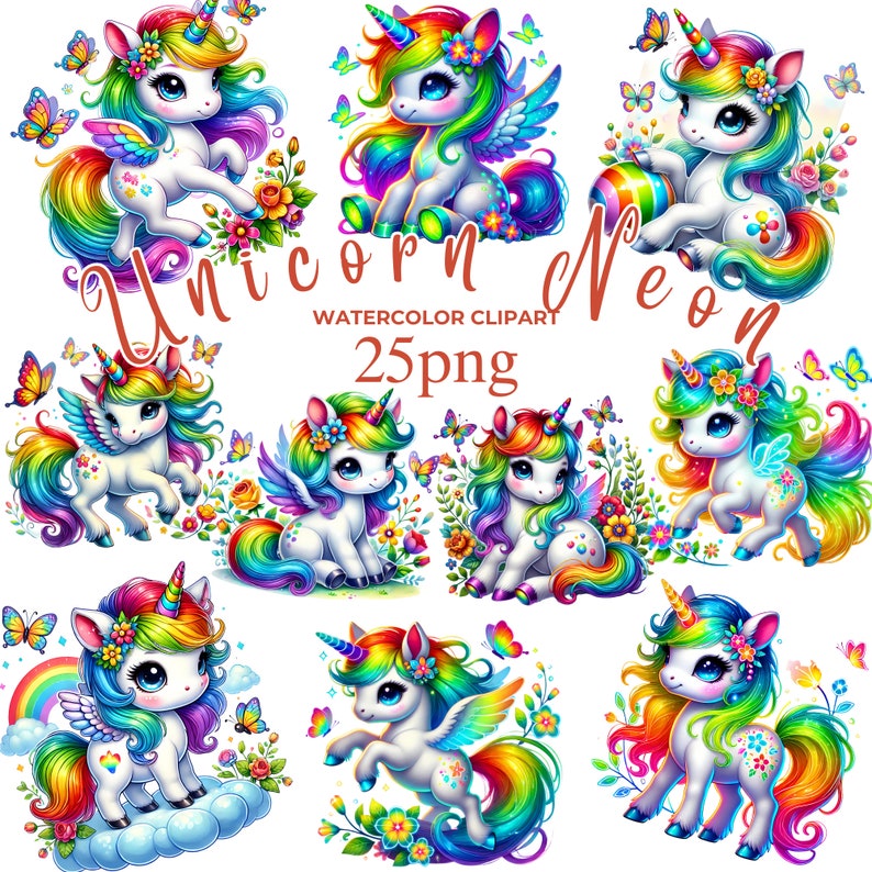 Unicorn Watercolor Clipart Set 25 PNG Digital Download, High-quality ...