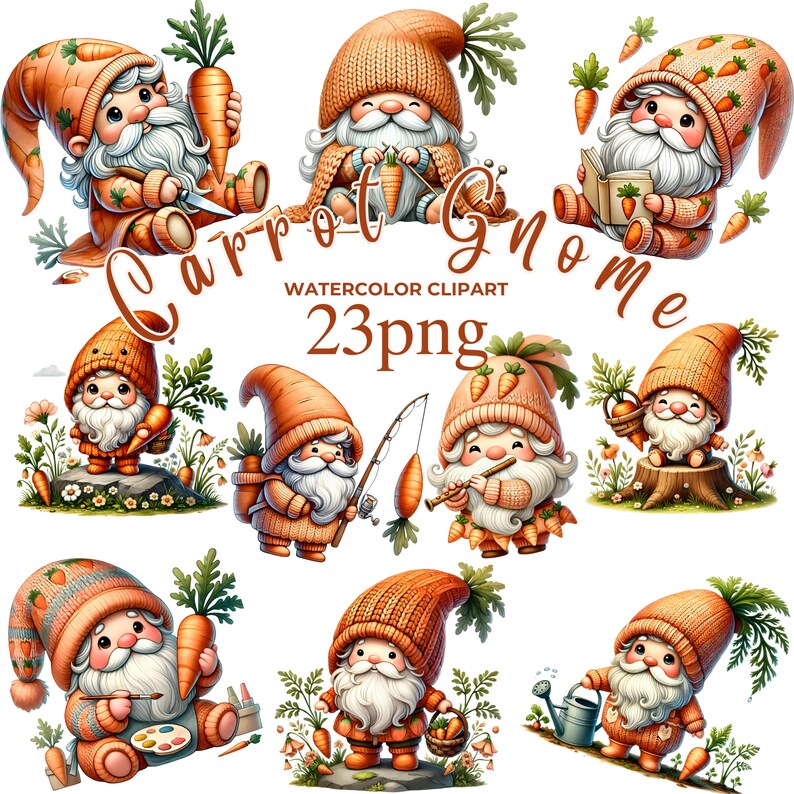 Carrot Gnome Watercolor Clipart, Nursery Art (PNG) - Etsy