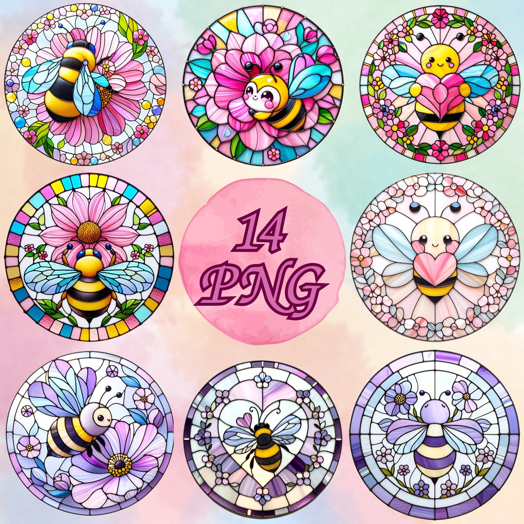 Cute Honey Bee Stained Glass PNG, Round Stained Glass Background, Bee ...
