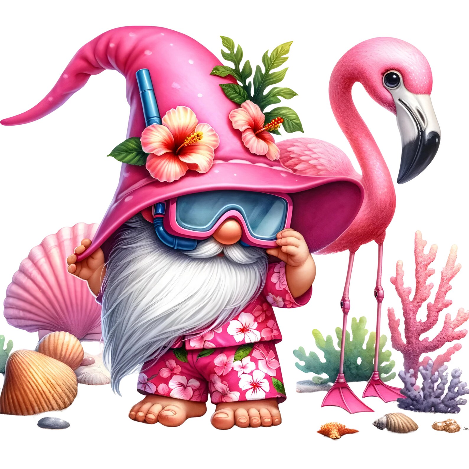 Pink Flamingo Gnome Watercolor Clipart, Tropical PNG Images (digital ...