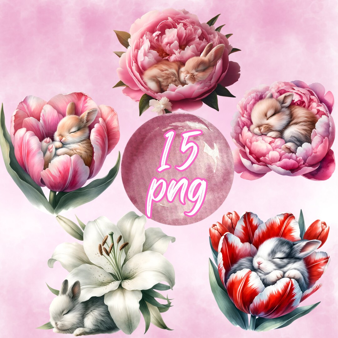 Bunny and Flowers Clipart Bundle, Adorable Bunny in Blossom Clipart ...