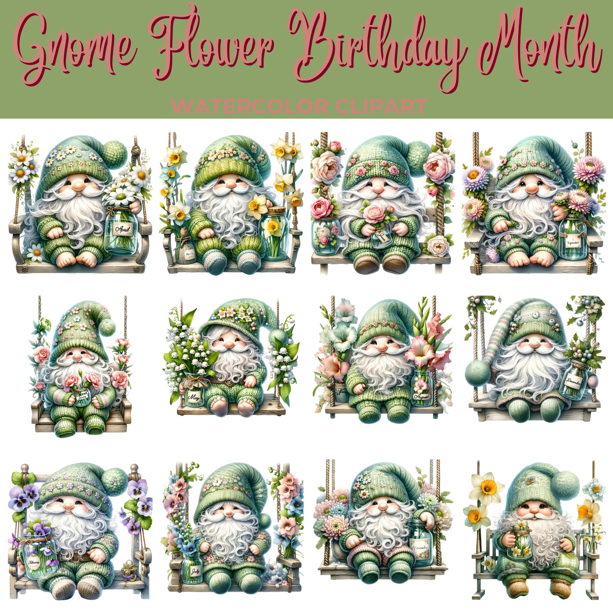 Gnome Flower Birthday Month Watercolor Clipart Set,birth Month Flower ...