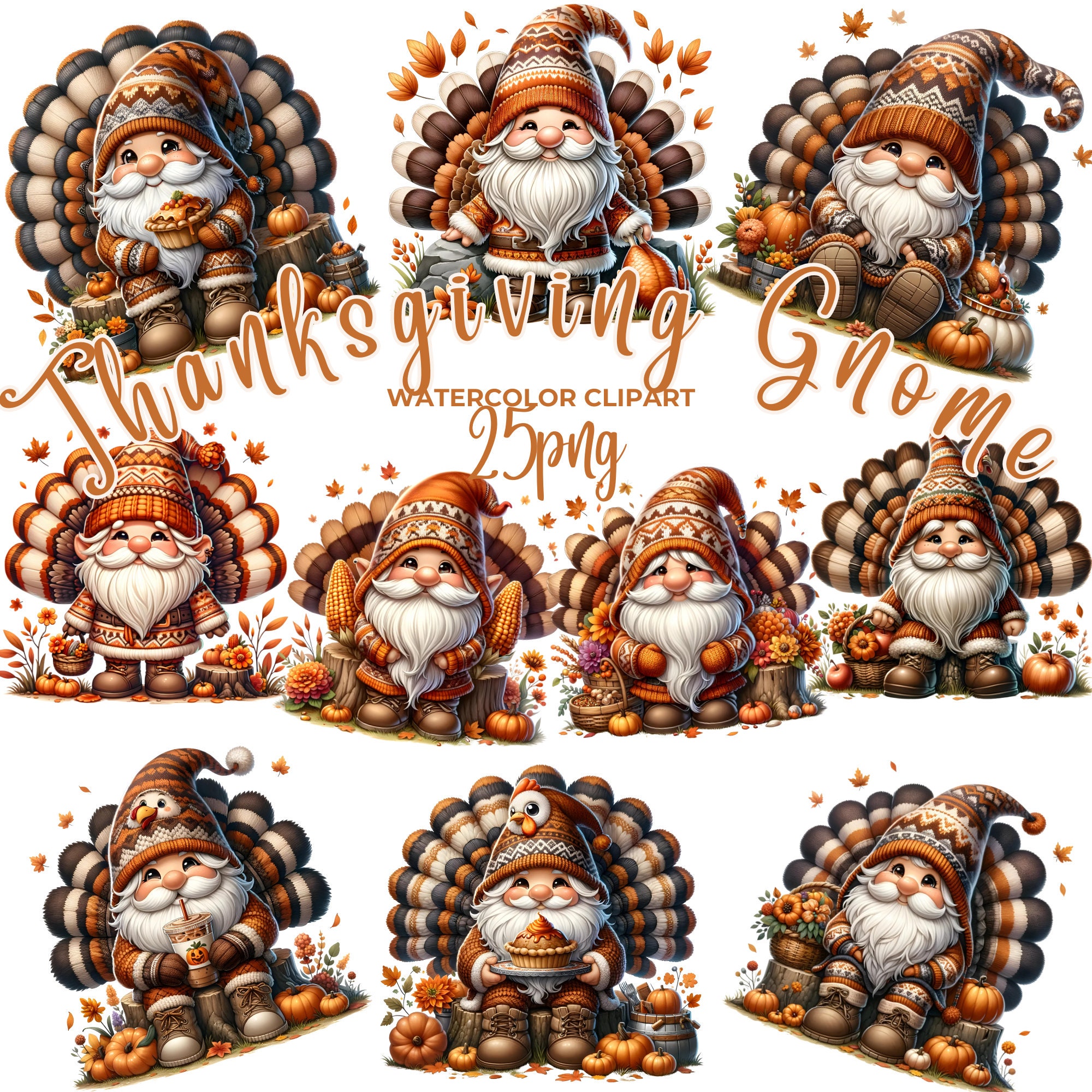 Thanksgiving Gnome Watercolor Clipart, Festive Fall PNG (digital ...