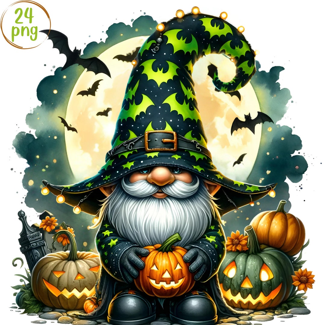 Watercolor Halloween Gnomes Clipart, Spooky Green Theme (24 PNG ...