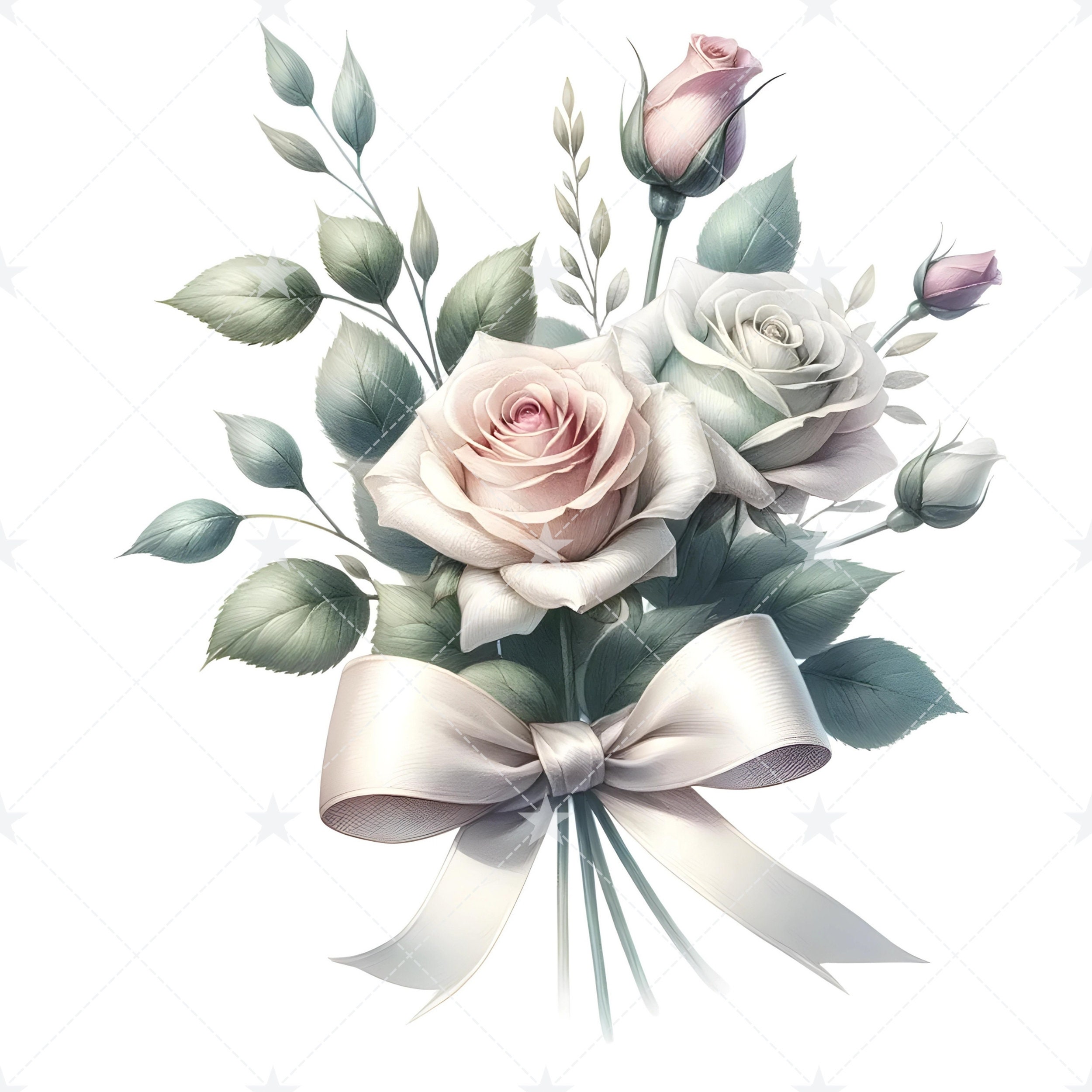 Watercolor White and Pink Roses Bouquet Clipart, 10 JPG Images, Flowers ...