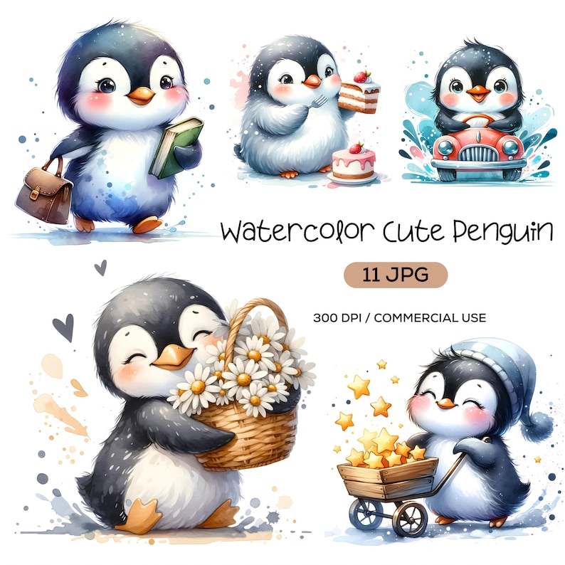 Watercolor Penguin Clipart Set, Flower & Animal Graphics (digital ...