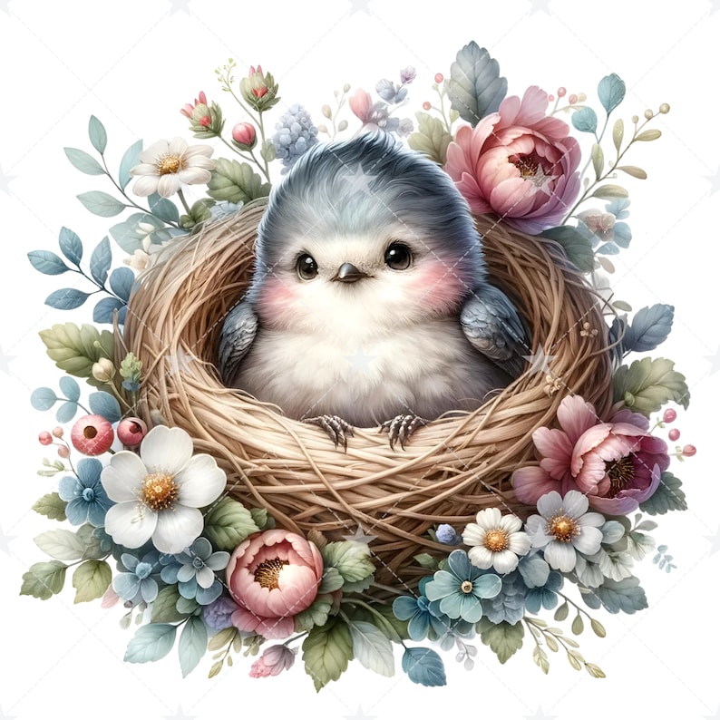 Charming Garden Bird in Floral Nest, Cute Bird Clipart, Watercolor Bird ...